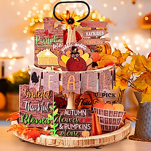 Fall Tiered Tray Decor Wooden Thanksgiving Tray Signs Rustic Farmhouse Pumpkin Maple Leaf Turkey Table Decor with Base Wood Frame for Autumn Thanksgiving Harvest Home Kitchen Decorations (Turkey)