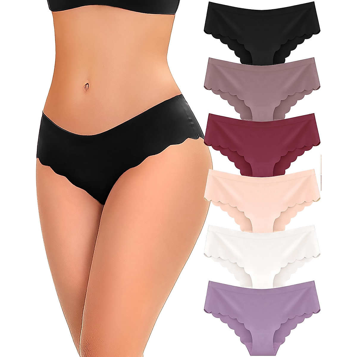 FINETOO 6 pack Seamless Underwear for Women Sexy Low Rise Hipster Wave Edge No Show Bikini Panties Womens Cheeky S-XL