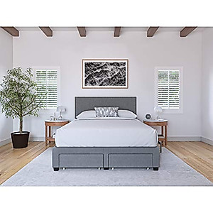 DG Casa Lucas Upholstered Platform Bed Frame with Storage Drawers Nailhead Trim Headboard and Full Wooden Slats, Box Spring Not Required-Queen Size in Grey Polyester Blend Fabric