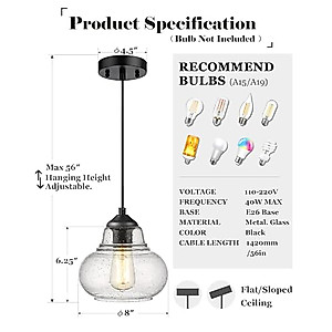 ELYONA Industrial Pendant Light Bubble Glass Kitchen Island Hanging Pendant Light Fxiture Modern Hand Blown Seeded Glass for Farmhouse Dining Room Bar Bedroom Living Room 8 inch Diam Black