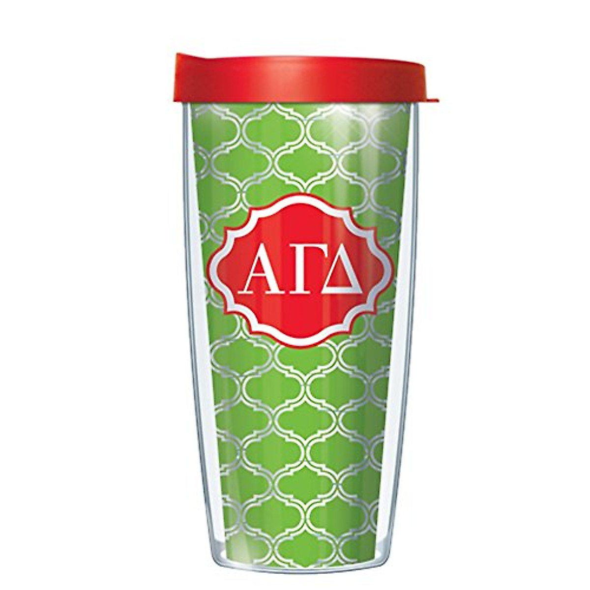 Alpha Gamma Delta on Clear Roundabout Traveler 16 Oz Tumbler Mug with Red Lid