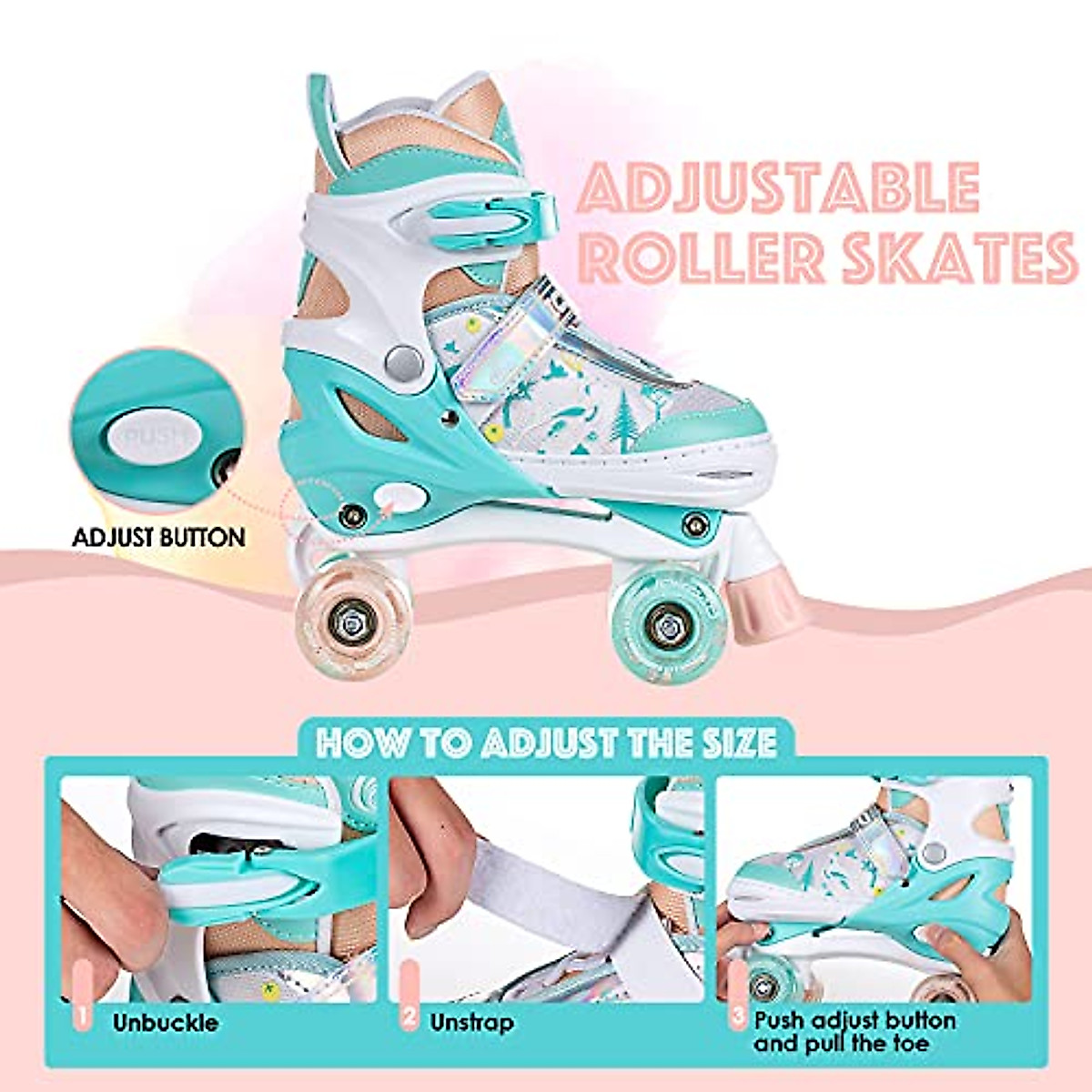 IOKDAD Roller Skates for Kids Girls Boys, 4 Sizes Adjustable Toddler Kids Roller Skates with Light Up Wheels for Indoor and Outdoor