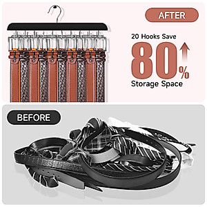 Belt Hanger for Closet, Holds Max 60 Belts, Wooden 20 Hooks Belt Organizer Wardrobe Accessory, 360° Rotatable Belt Storage Hanger Rack Space Saver for Belt, Bra, Tank Top, Tie, Scarf (2)