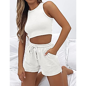 ZESICA Women's Waffle Knit Sleeveless Crop Top and Shorts Pullover Nightwear Lounge Pajama Set with Pockets,CropWhite,Small
