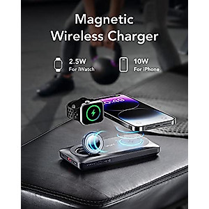 VRURC Wireless Portable Charger, 10000mAh Magnetic Power Bank, 3 in 1 Charger, 22.5W Fast Charing Battery Pack, 3 inputs 4 outputs Compatible with iPhone 15/14/13, iWatch 8/7/6, AirPods Pro/2 - Black