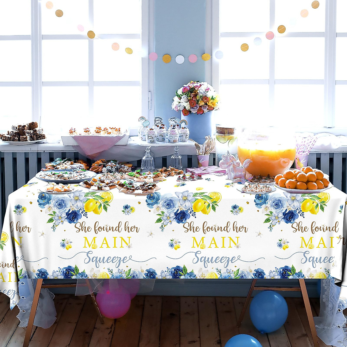 TEMYAXU 3Pieces She Found Her Main Squeeze Bridal Shower Tablecloth, 43 * 71Inch She Found Her Main Squeeze Lemon Tablecloth Lemon Bridal Shower Decorations for Lemon Bridal Shower Weddings Party