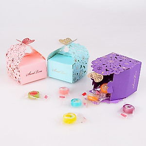 Wolfteeth Party Favor Boxes, Wedding Favors Boxes, Small Candy Boxes for Gift Giving, Laser Cut Floral Boxes, Thank You Gifts Wrap Boxes for Bridal Baby Shower Birthday Christmas, 100 Pack, Blue