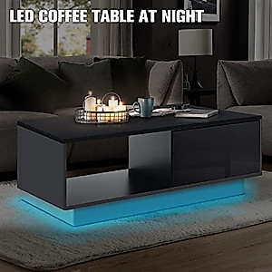HOMMPA Small LED Coffee Tables for Living Room Black Coffee Table with LED Lights Modern Low Profile Center Table with High Gloss Table Top for Small Place 13" Tall