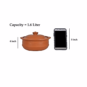 Village Decor Earthen clay cooking pot with lid (Capacity = 1000-1500 ml, Brown)