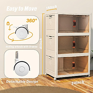 Tansheep Stackable Storage Bins with Lids, Collapsible Plastic Bins for Closets, 78 Quart Organizers with Doors and Wheels, Thicken and Large Cabinet for Home Bedroom(57 Gal, 3Pack)