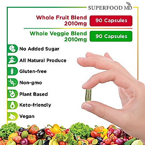 Superfood 180 Fruit and 180 Veggie Capsules -100% Whole Natural Superfood - Maintain Energy Levels, with Aloe Vera - Grown and Made in The USA (90 Count (Pack of 4)