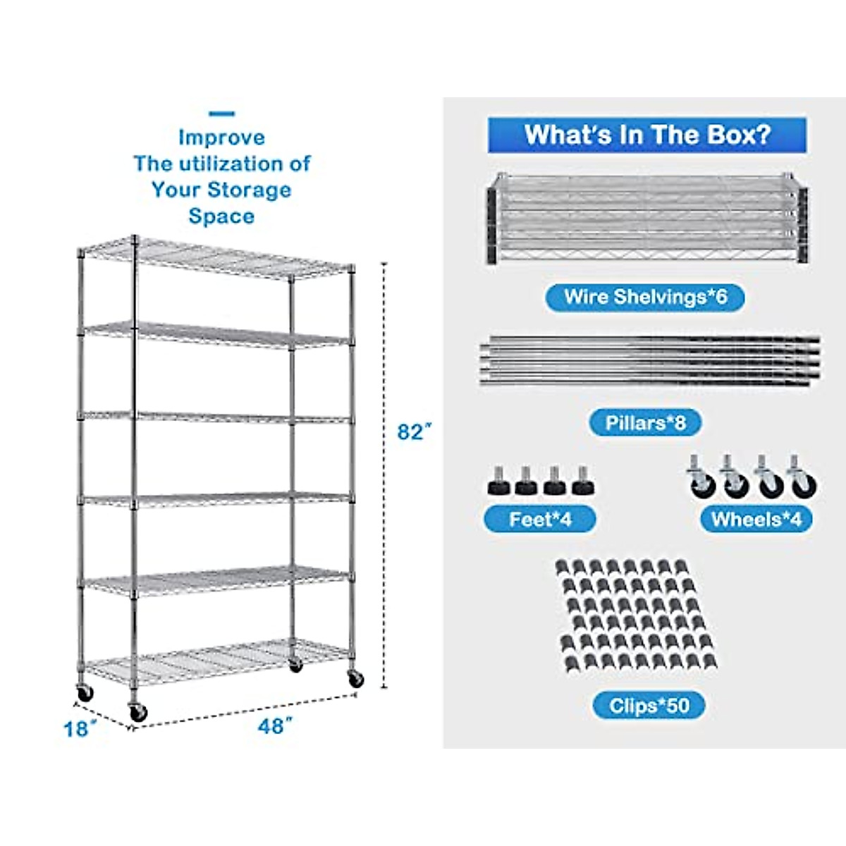 6-Tier Metal Wire Shelving Unit w/Wheels Height Adjustable Storage Rack NSF Certified Storage Shelves 2150/500 Lbs Capacity Standing Utility Shelf for Laundry Kitchen Pantry Garage Organization