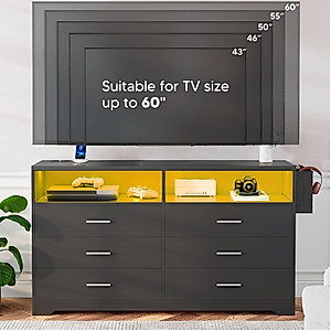 Lumelay 6 Drawer Dresser for Bedroom with Charging Station, Modern Chest of Drawers with LED Lights, 55" Black Dresser, Double Wide Drawer Dresser Organizer Cabinet for Living Room, Entryway