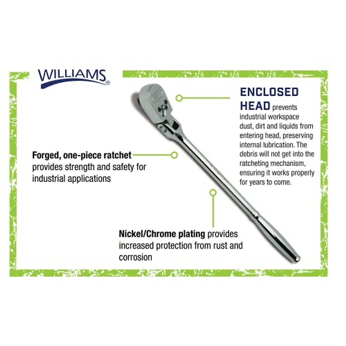 Williams M-52EHFA 1/4-Inch Drive Ratchet, Enclosed Flexible Head, High Polished Chrome