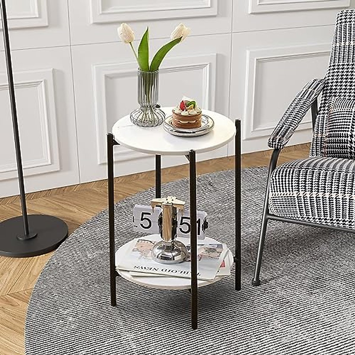 Wiyoskeey Small Round Tables for Small Spaces, Faux Marble Side Table Round, White Marble Small Coffee Table, 2-Tier End Table with Open Storage Shelf for Living Room, Nightstand for Bedroom