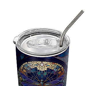 ORCAE 20oz Dragonfly Coffee Tumbler, Dragonfly Gifts for Dragonfly Lovers, Colorful Mosaic Flower Purple Dragonfly Tumbler Cup, Stainless Steel Coffee Thermos Insulated Travel Mug with Lid - G