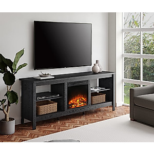 WAMPAT Fireplace TV Stand 75 inch, Electric Fireplace Entertainment Center for 80 inch TV, Farmhouse Wood Media Storage TV Console Table for Living Room Bedroom Office, Black
