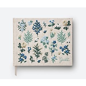 RIFLE PAPER CO. Wildwood Embroidered Fabric Guest Book | Hard Cover Wrapped in Book Cloth & Grosgrain Ribbon Bookmark, (Lay-Flat Binding, 144 Ruled Pages with Metallic Gold Ink, 8" L x 5.75" W)