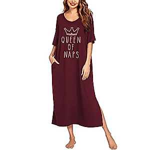 Ekouaer Women Long Nightgown Soft Short Sleeve O Neck Sleepwear Plus Size Night Shirt Nightshirt Wine Red XXXL