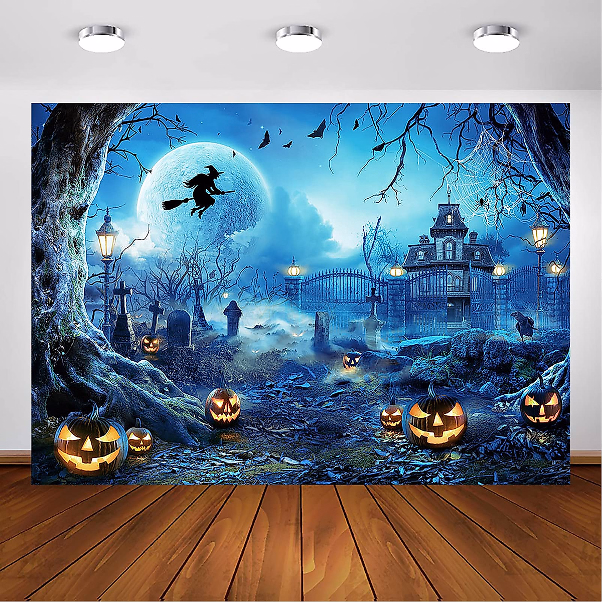 Avezano Halloween Photography Backdrop Full Moon Scary Night Castle Pumpkins Party Background Spooky Witch Bats Cemetery Child Kids Halloween Party Decorations Photoshoot Backdrops (7x5ft, Blue)