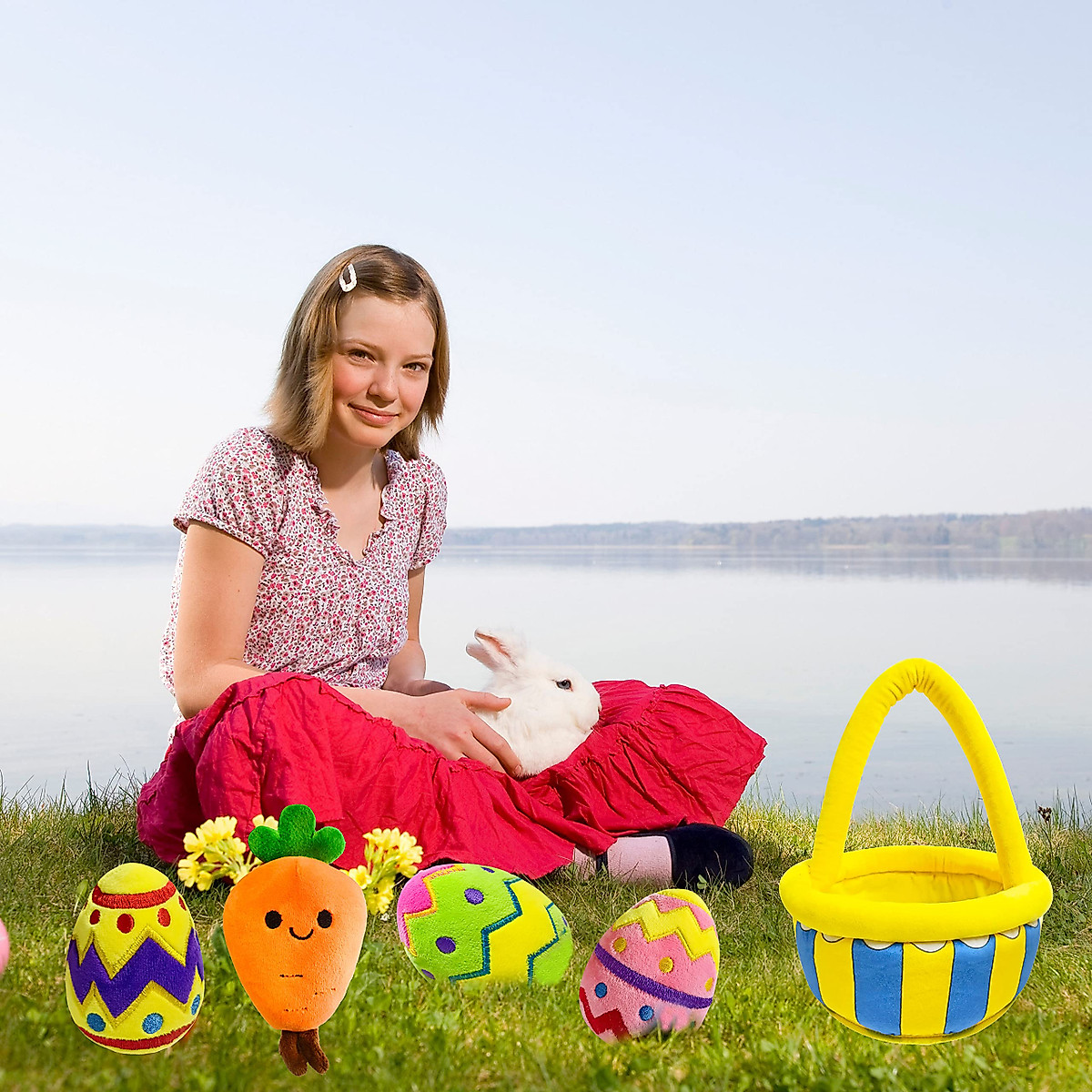 Cherislpy 7 Pcs Easter Plush Basket Goodie Bags Stuffers Plushies Playset Basket Fillers Toys for Party Favor, Plush Easter Bunny Eggs for Kids