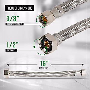 Highcraft CNCT27116-OM-2 Braided Faucet Connector 16" Long, 1/2" IPS Brass Nut X 3/8 Female Fitting, Stainless Steel Lead-Free, 2 Pack