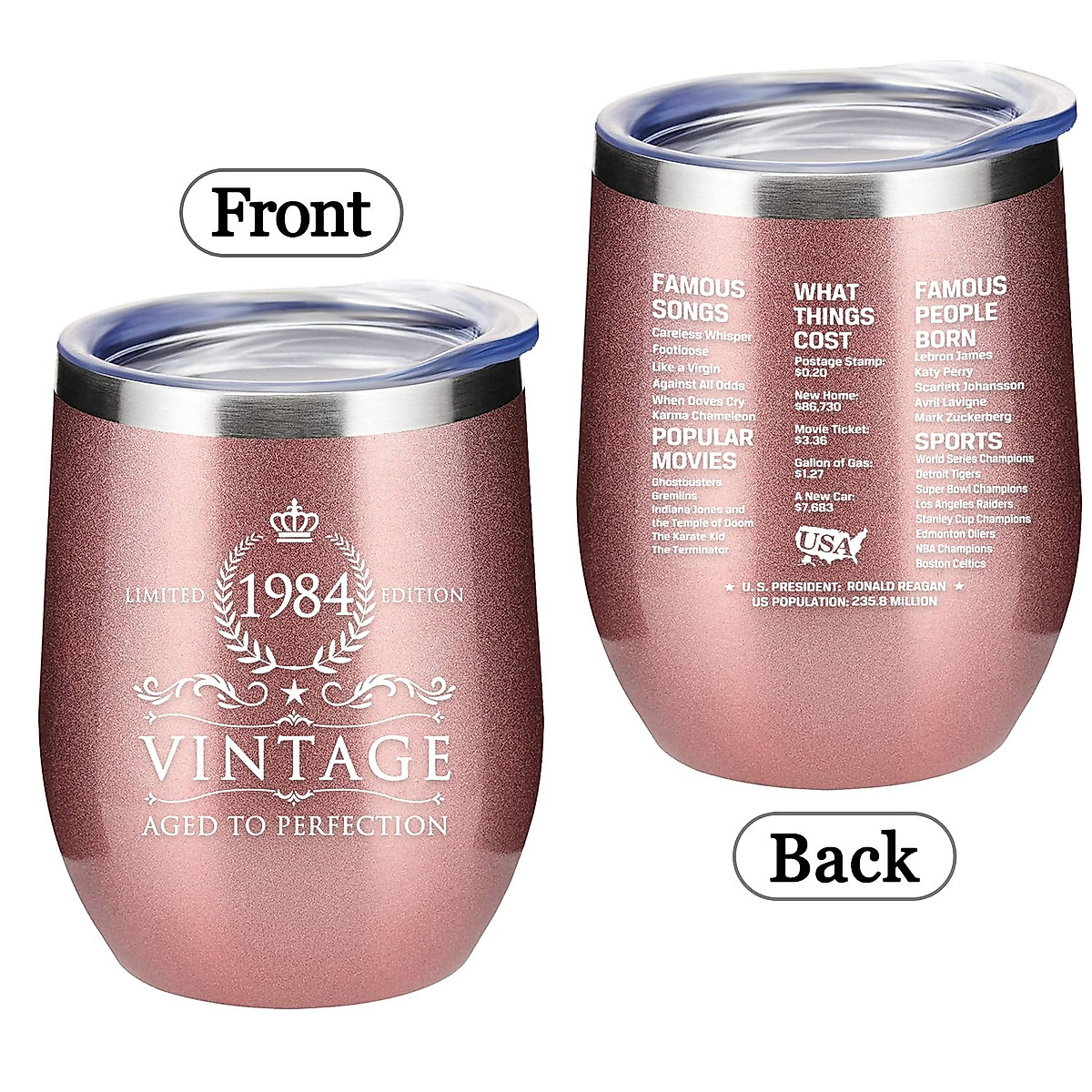 40th Birthday Gifts for Women and Men - 1984 40th Birthday Decorations - 12 Oz Insulated Stainless Steel Wine Tumbler with Lid for Her Wife Mom Grandma Aunt Friend, Rose Gold
