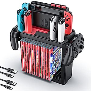 Switch Games Storage Organizer Station with Controller Charging Stand, Charging Dock Compatible with Nintendo Switch, Multifunctional Accessories Kit Storage for Joy-con, Pro Controller, Game Card