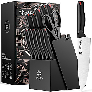 ASETY Knife Set, 15 PCS Kitchen knife Set with Bulti-in Sharpener Block, High Carbon Stainless Steel Knife Block Set, NSF Food Safe, Dishwasher Safe Knife Sets for Kitchen, Black, Gift Box