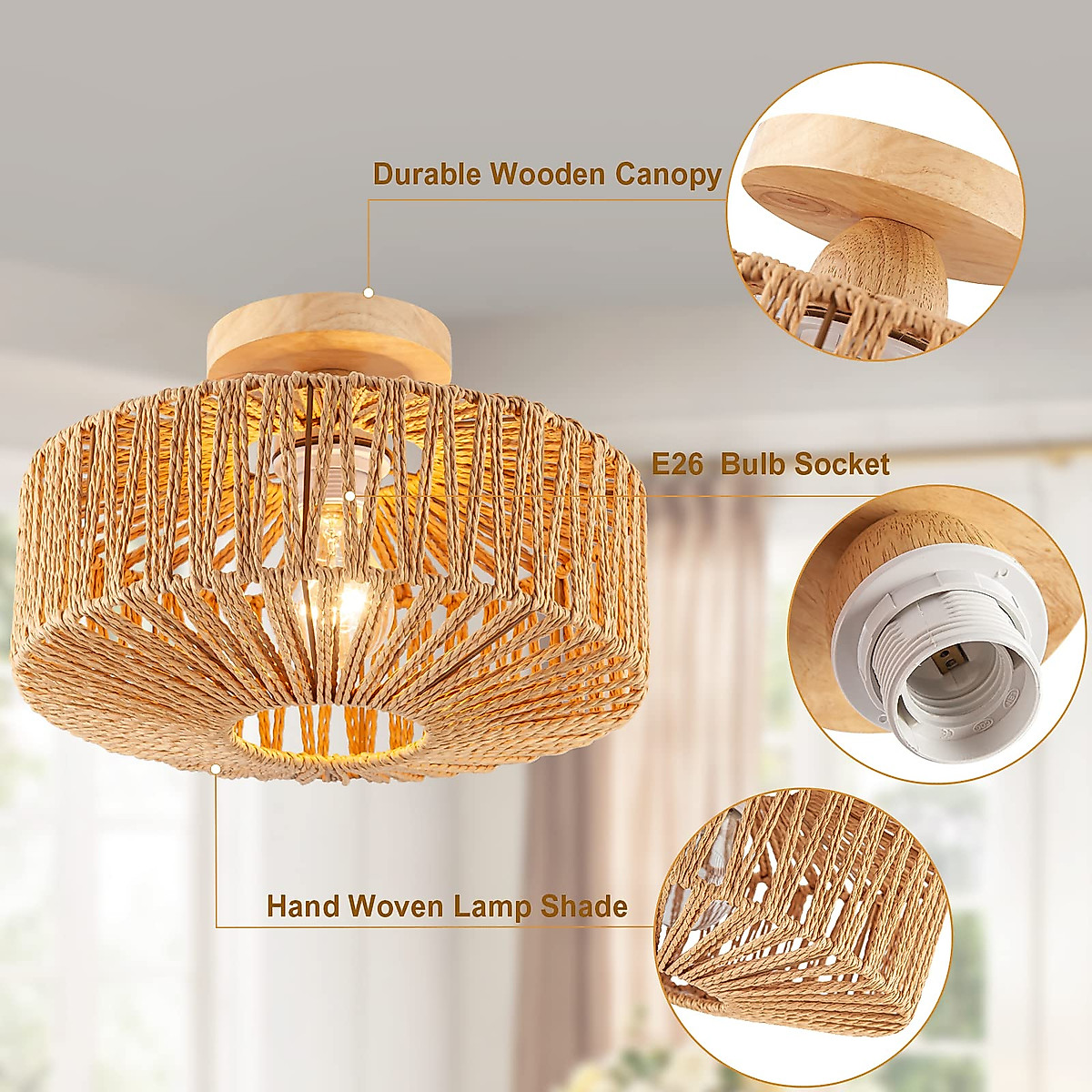Zswanbei Boho Light Fixtures Ceiling Mount Boho Rattan Ceiling Light Flush Mount Mini Chandelier Woven Ceiling Light Fixture for Bedroom Hallway Entryway Bathroom Nursery