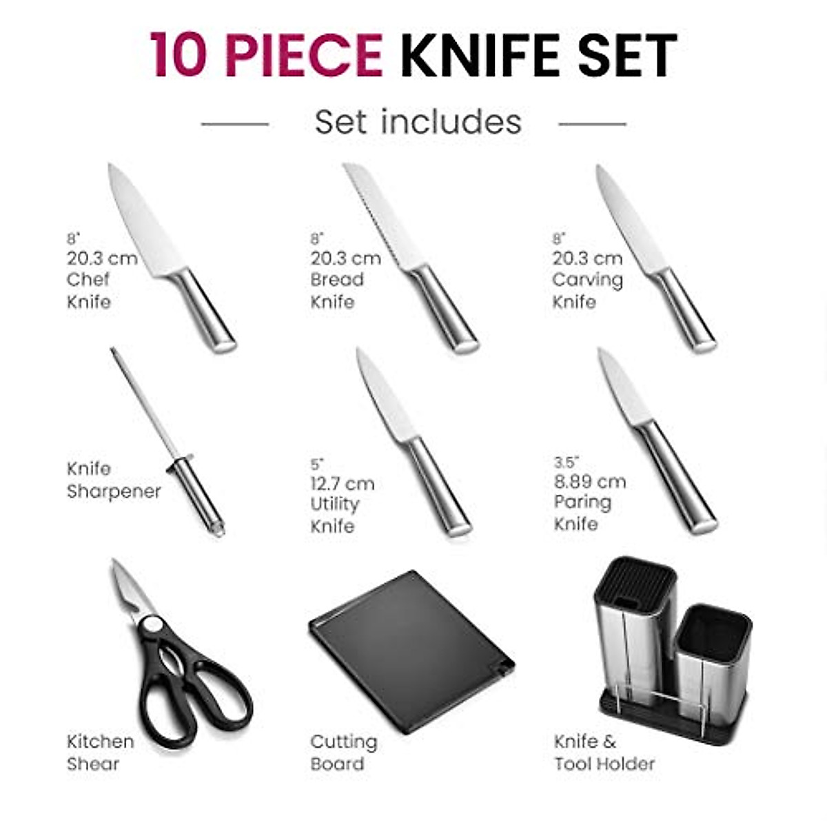 10-Piece Stainless-Steel Kitchen Knife Set - Newly Innovative Kitchen Knifes Set with Utensil Holder - 5 Stainless-Steel Knives - Knife Sharpener - Kitchen Scissors - Cutting Board- Knife Block holder