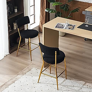 RIGHTPARTS Boucle Bar Stools Set of 2, 24 inch Modern Counter Height Bar Stools, Kitchen Island Stool Dining Chairs Tall Barstools with Backrest Fabric Upholstered Padded Metal Legs (2, Black 01)