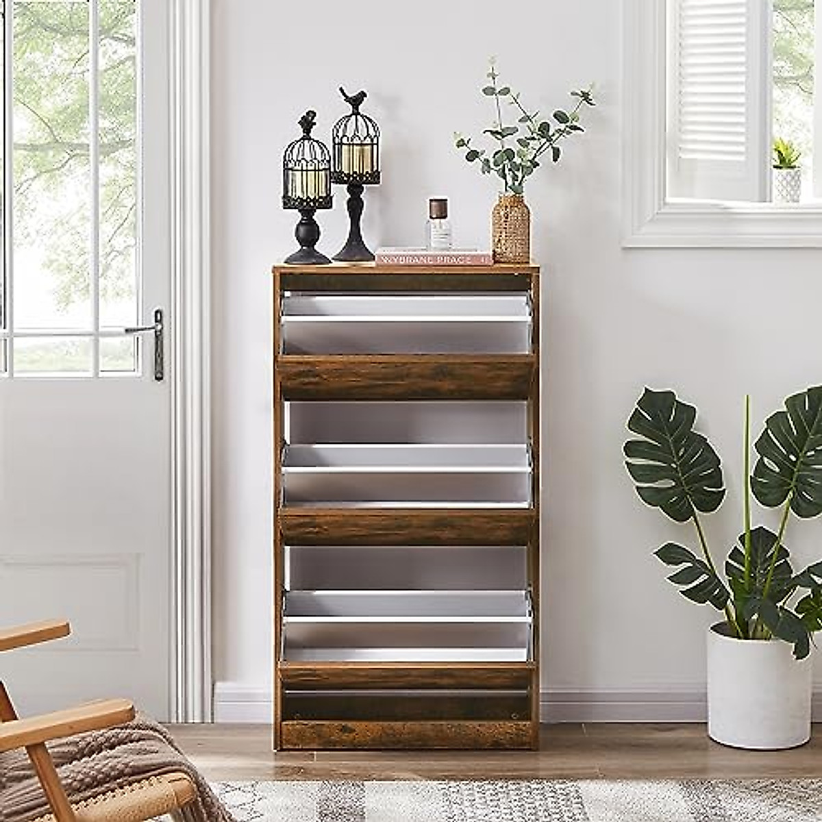 MYINDA 3-Tier Wooden Shoe Cabinet with Wooden Flip Doors for Storing 18-20 Pairs of Shoes, Suitable for Entryways, Office, Small Spaces (Brown)
