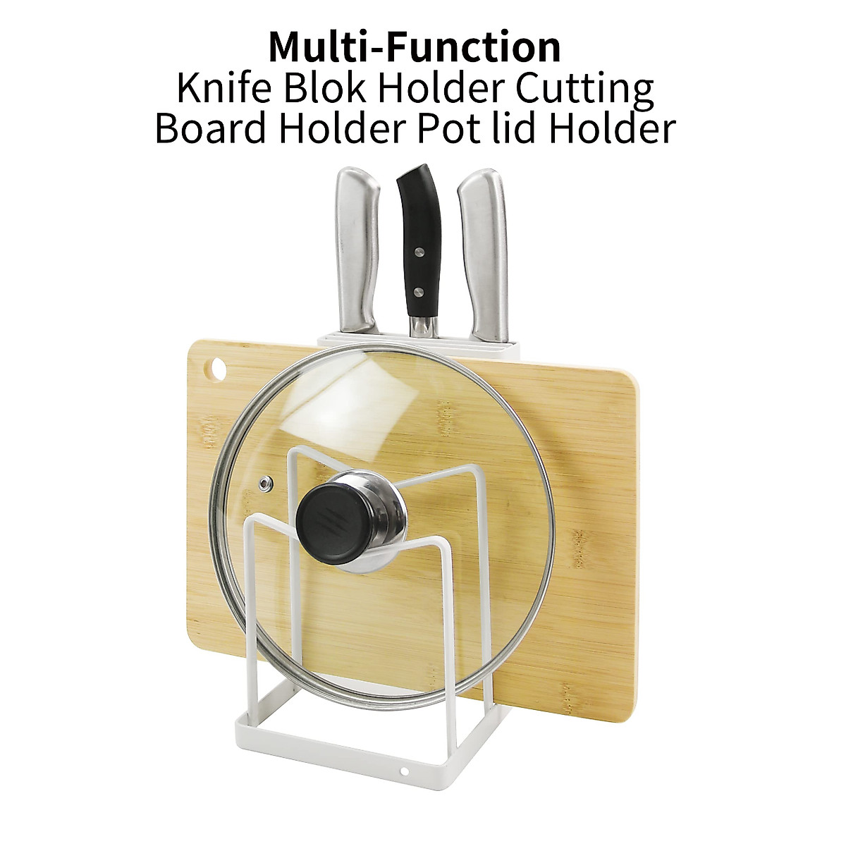 Qflushor Knife Block Holder, Pot Lid Organizer, Cutting Board Organizer, Cookware Bakeware Organizer for Kitchen Countertop, Cabinet, Pantry, Metal, White