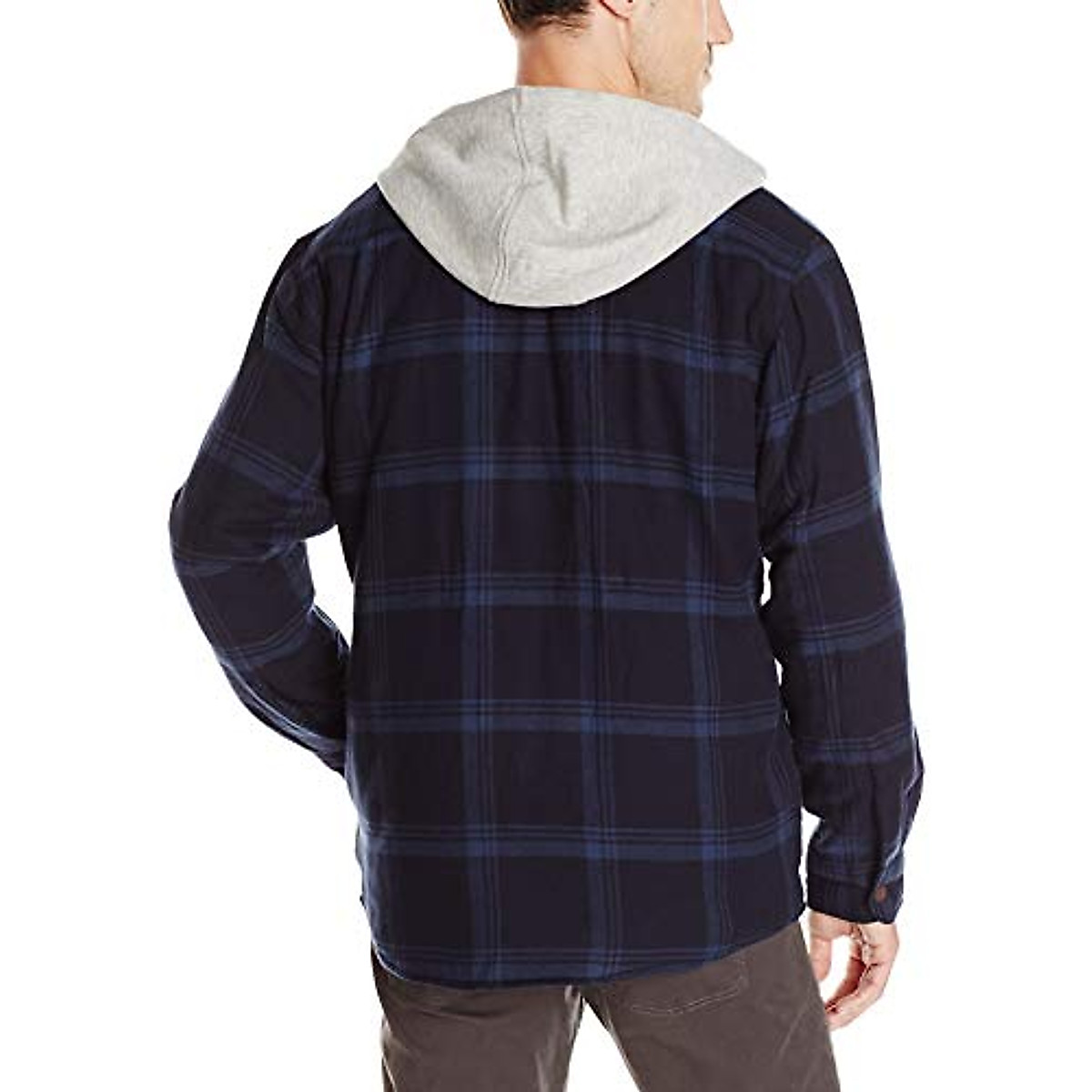 Wrangler Authentics Men's Long Sleeve Quilted Lined Flannel Shirt Jacket with Hood, Navy, Large