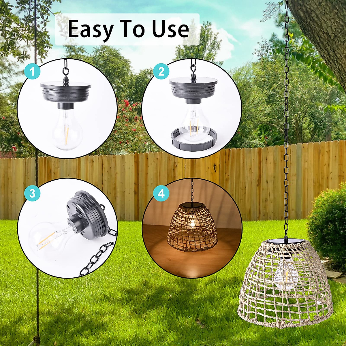 Outdoor Solar Hanging Lantern, Natural Seeweed Rattan Bamboo Woven Porch Patio Gazebo Pendent Chandelier Light Decorative Solar Powered Hanging Lamp for Front Door Garden