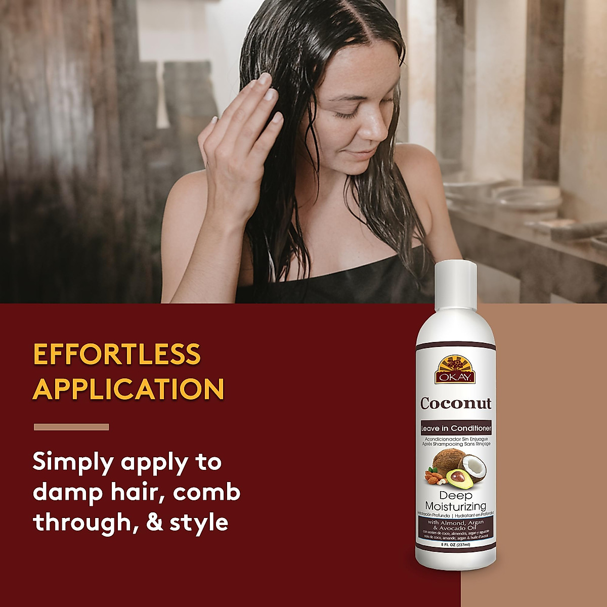 OKAY Coconut Leave In Conditioner - Hair Moisturizer for Women and Men, Contains Castor Seed Oil, Natural Hair Product for Hair Growth, Curly Hair Grease for Smooth, Moisturized Hair - 8 Oz