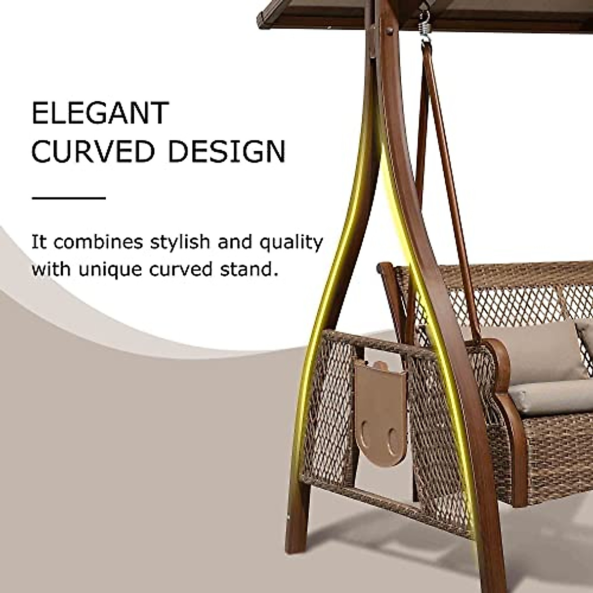 PURPLE LEAF Patio Porch Swing Chair with Canopy 2 Person Hand-Woven Wicker Outside Glider w/Solar LED Light and Cushions for Backyard Loveseat Bench Outdoor Hamock Swinging Chairs