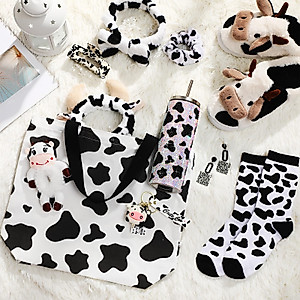 FillTouch 11 Pcs Cow Print Gifts Sets for Women Includes Tumbler Slippers Socks Earrings Hair Scrunchies Headbands Tote Bag Cow Print Stuff for Graduation Birthday Mother Nurses Farm Animal Lover