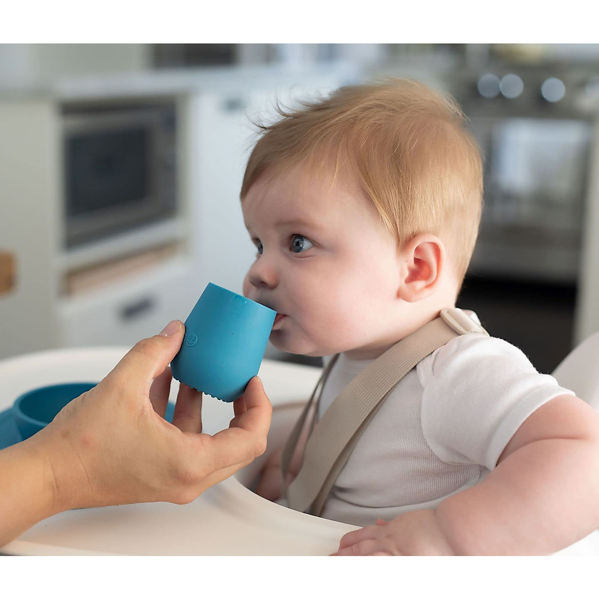 ezpz Tiny Cup 3-Pack (Blue, Coral & Gray) - 100% Silicone Training Cup for Infants - Designed by a Pediatric Feeding Specialist - 4 months+ - Baby-led Weaning Gear & Baby Gift