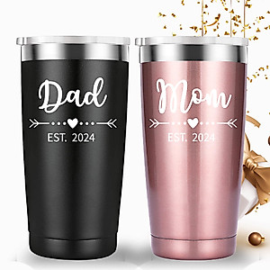 Dad and Mom Est 2024 Travel Mug Tumbler.New Parents Pregnancy Gifts.Fathers Mothers Day Anniversary Birthday Christmas Gifts Ideas for New Mom Dad.Parents to Be Baby Shower Gifts(20oz Black&Rose Gold)