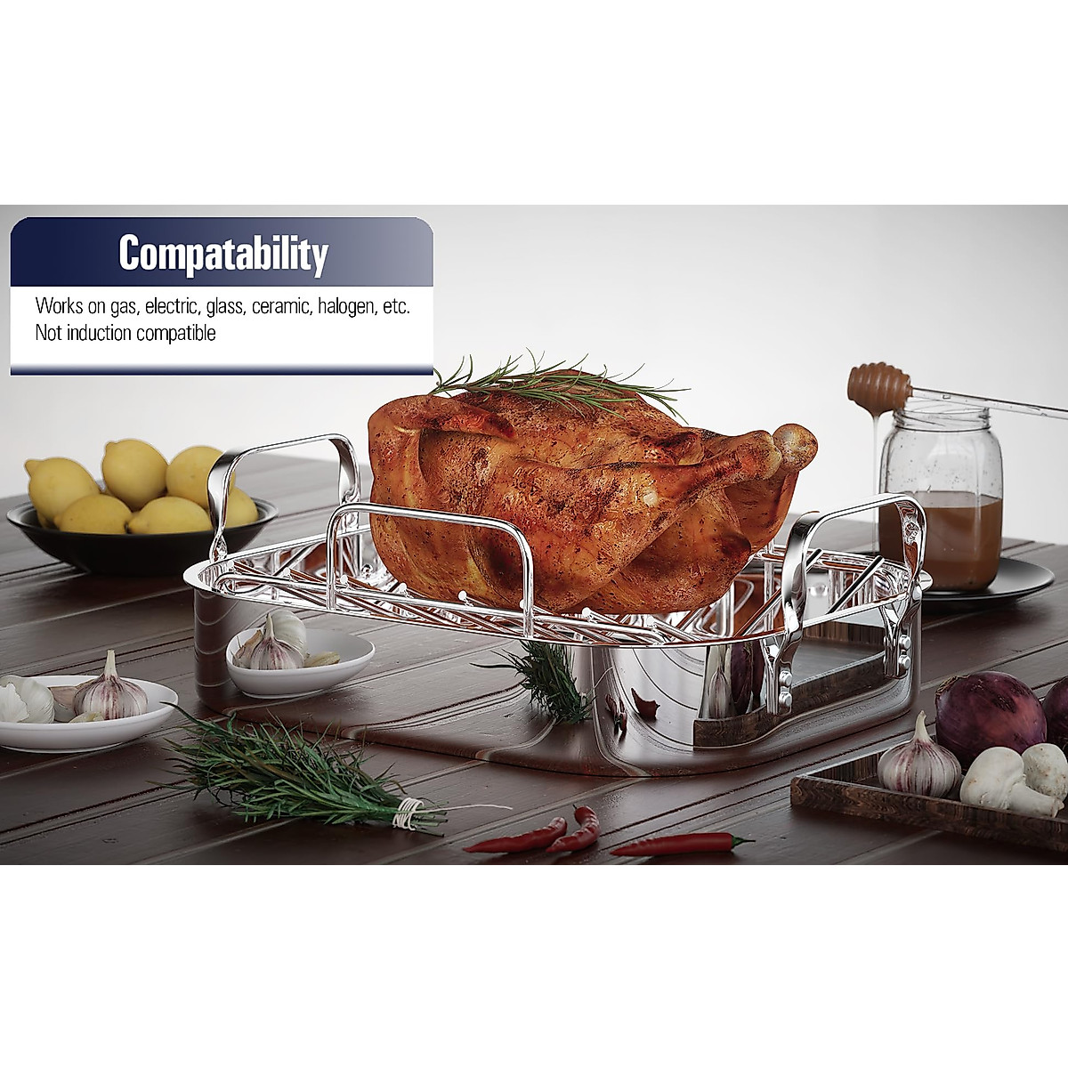 Cooks Standard Stainless Steel Roaster Pan with V-Shaped Rack, 16-Inch by 13-Inch Turkey Roasting Pan Bakeware for Oven, Rectangular