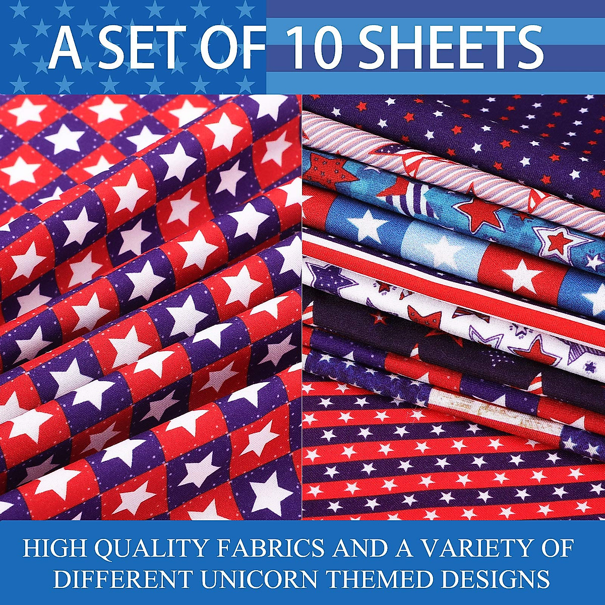 Tatuo 10 Pcs 20 x 20 in Patriotic Fabric Bundle 4th of July Quilting Fabric Memorial Day Fabric Squares Independence Day Print Fabric American Flag Pattern Polyester Cotton Fabric DIY Craft Patchwork