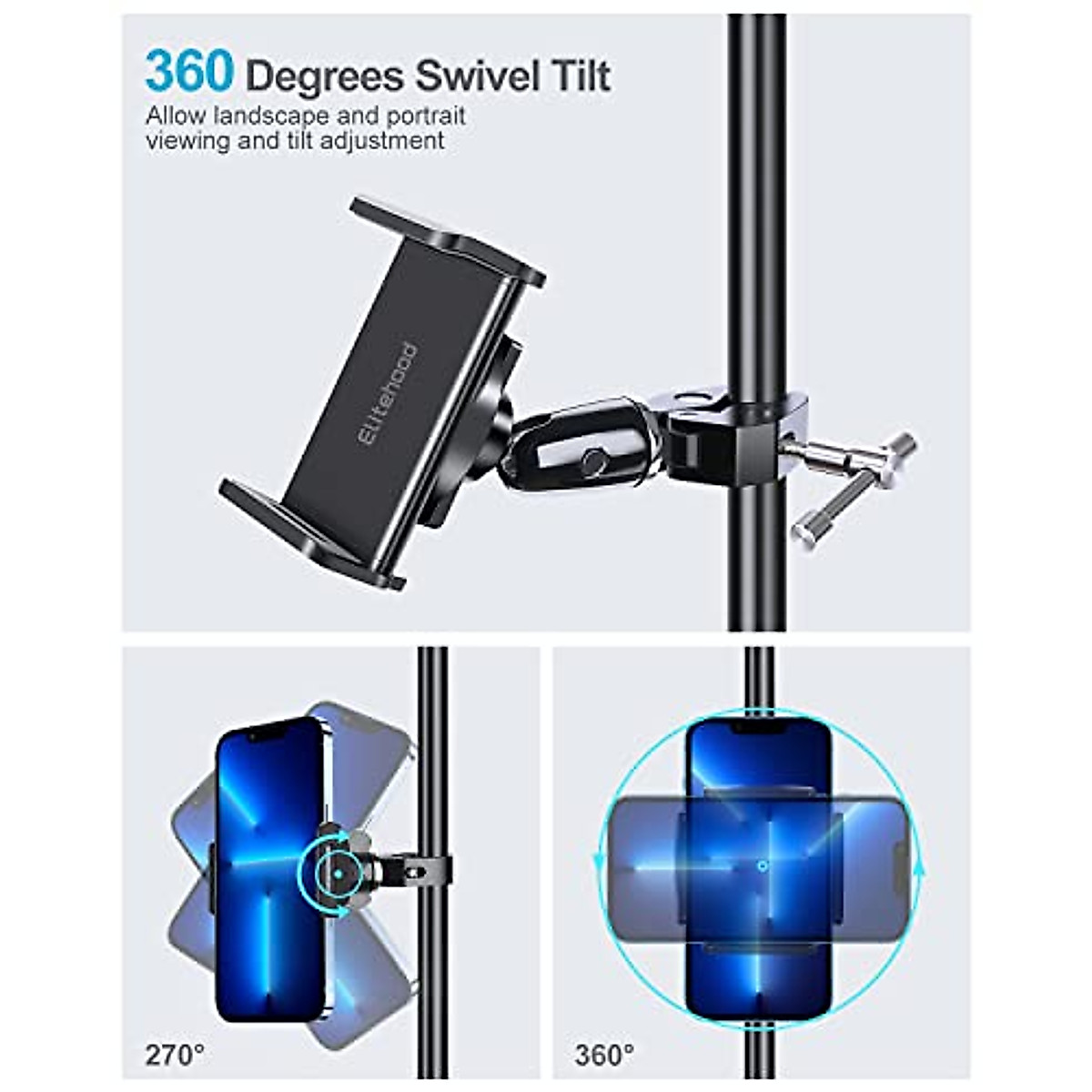 Elitehood 360° Swivel Tilt Mic Stand Phone Holder, Adjustable Phone Mount for Music Boom Mic Microphone Stand, Mic Stand iPhone Holder with Metal Clamp Mount for all iPhone, Android Cell Phone