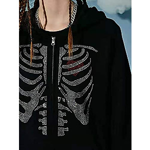 Women's Y2K Rhinestone Skull Hoodie Zip Up Oversized Casual Drawstring Hoodie E-Girl 90s Streetwear Jacket Tracksuit(G-black,S）