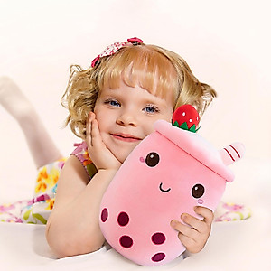 Ditucu Cute Boba Tea Plush Stuffed Bubble Tea Plushie Cartoon Soft Strawberry Milk Tea Cup Pillow Home Hugging Gift for Kids Pink 9.4 inch