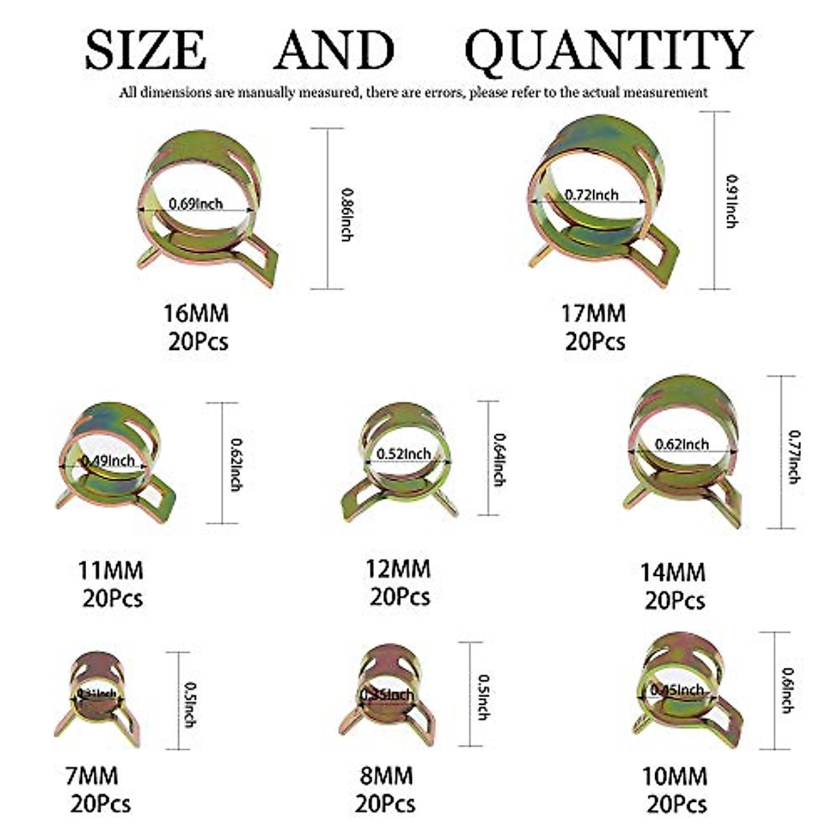 8 Size Spring Band Type Action Fuel/Silicone Vacuum Hose Pipe Clamp Low Pressure Air Clip Clamp Assortment Kit -160Pcs(10 x 7mm 8mm 10mm 11mm 12mm 14mm 16mm 17mm) Yellow