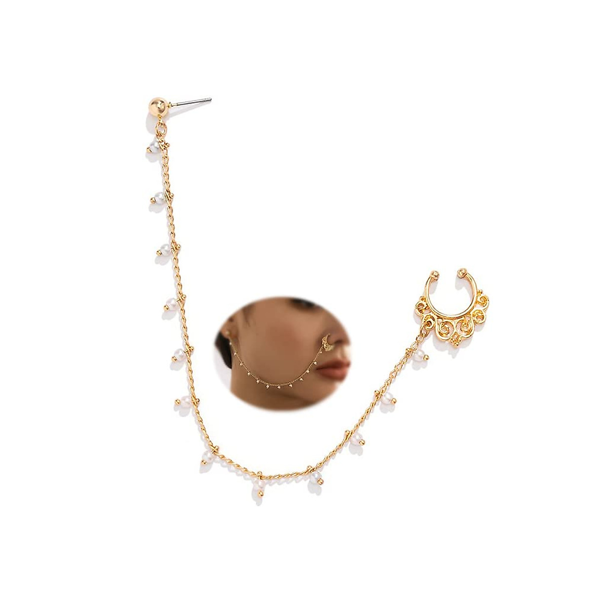 Kenjudess Punk Nose to Ear Chain Non Piercing Fake Septum Rings Indian Belly Dance Nose Nail Ring Hoops for Women (Gold bead)