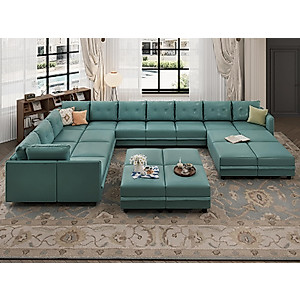 LLappuil Oversized Modular Sofa 21 Seater Sectional Couch with Storage, Large Faux Leather Fabric Waterproof U Shaped Sectional Couch for Living Room, Aqua Blue