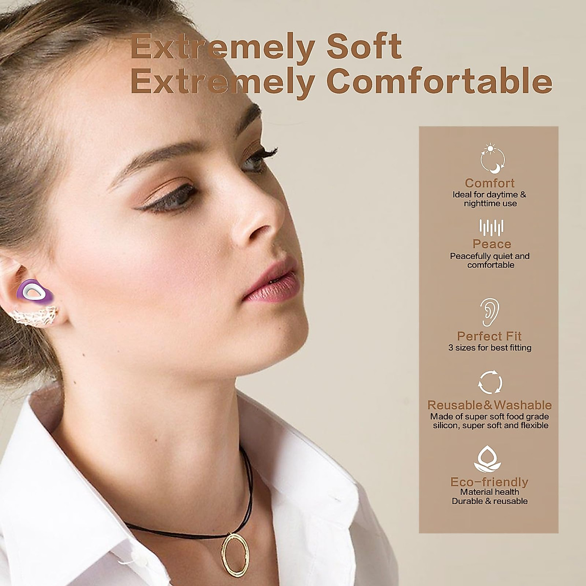 Ear Plugs for Sleeping Noise Cancelling Ear Plugs for Swimming Concerts Loud Music, Reusable Soft Silicone Ear Plugs for Kids and Adults 6 Ear Tips in S/M/L Hearing Protection (Purple)